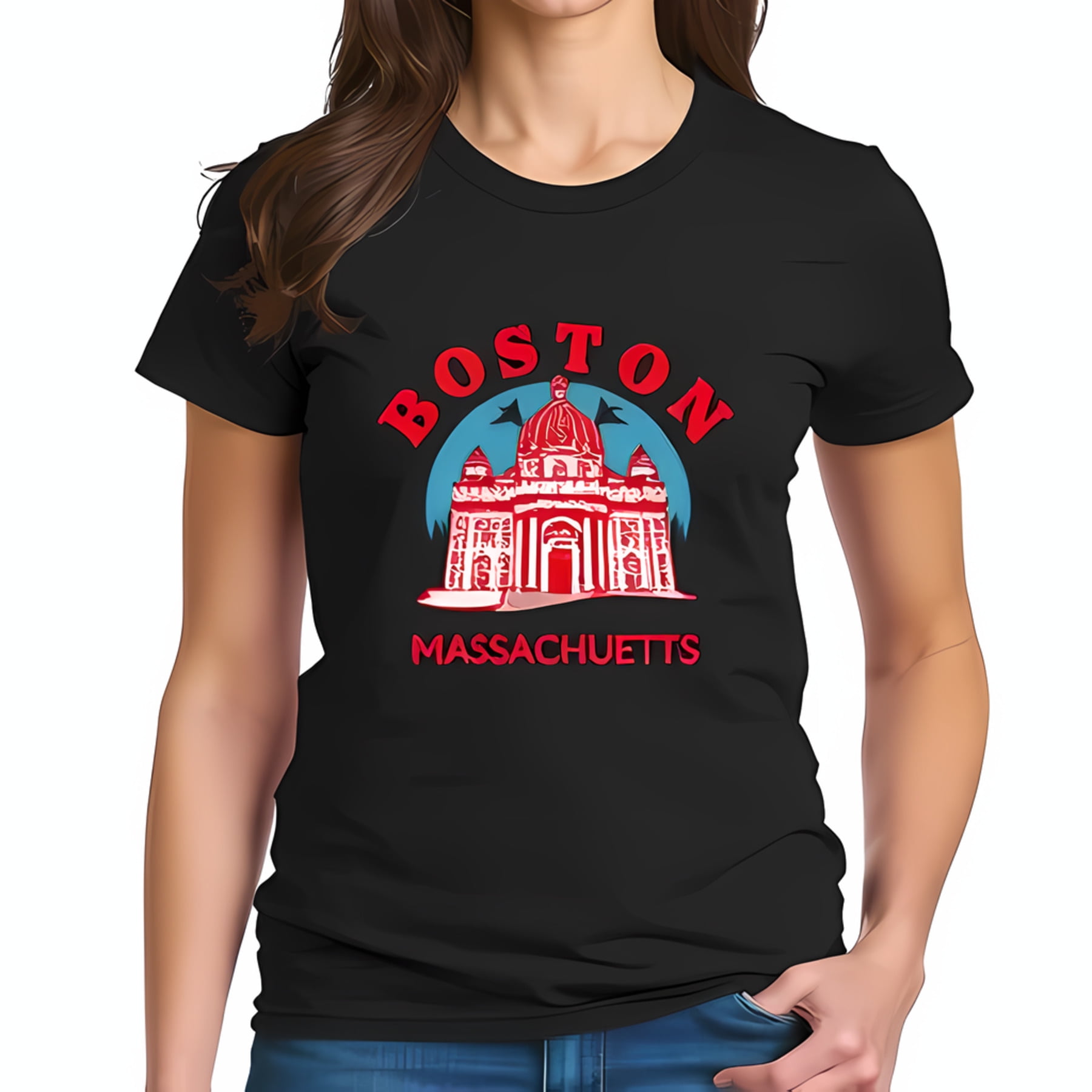 Vintage Boston Massachusetts Graphic T-Shirt - Red Building Design on ...