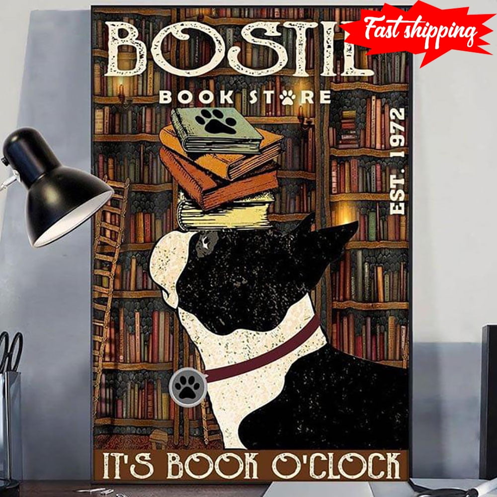 Vintage Boston Terrier Bostie Book Store Est.1972 It's Book O'clock 16 ...