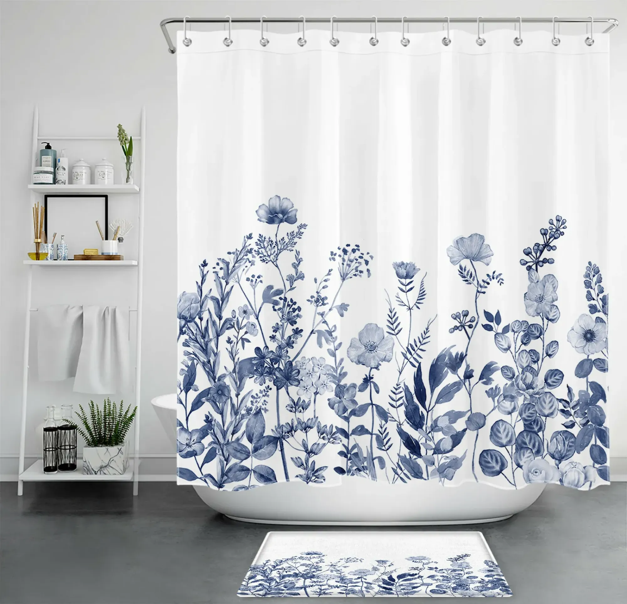 Vintage Botanical Bliss Blue Leaf Flower Shower Curtain Set Elevate