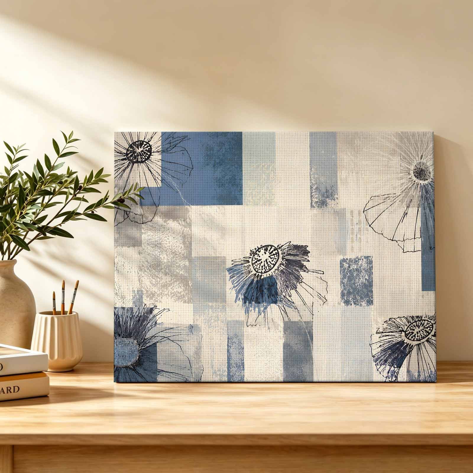 Vintage Botanical Canvas Wall Art, Slate Blue Flower Stem Sketch Block ...