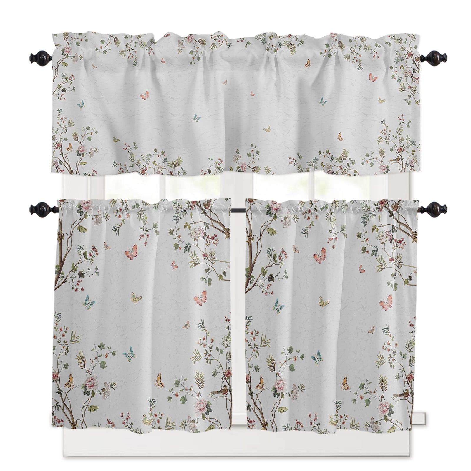 Vintage Botanical Kitchen Curtains and Valances Set, 3 Piece Kitchen ...