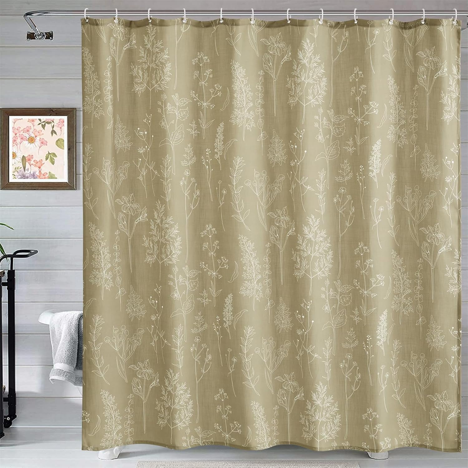 Vintage Botanical Linen Shower Curtain for Bathroom in Black and White, Heavy Duty 180GSM ...