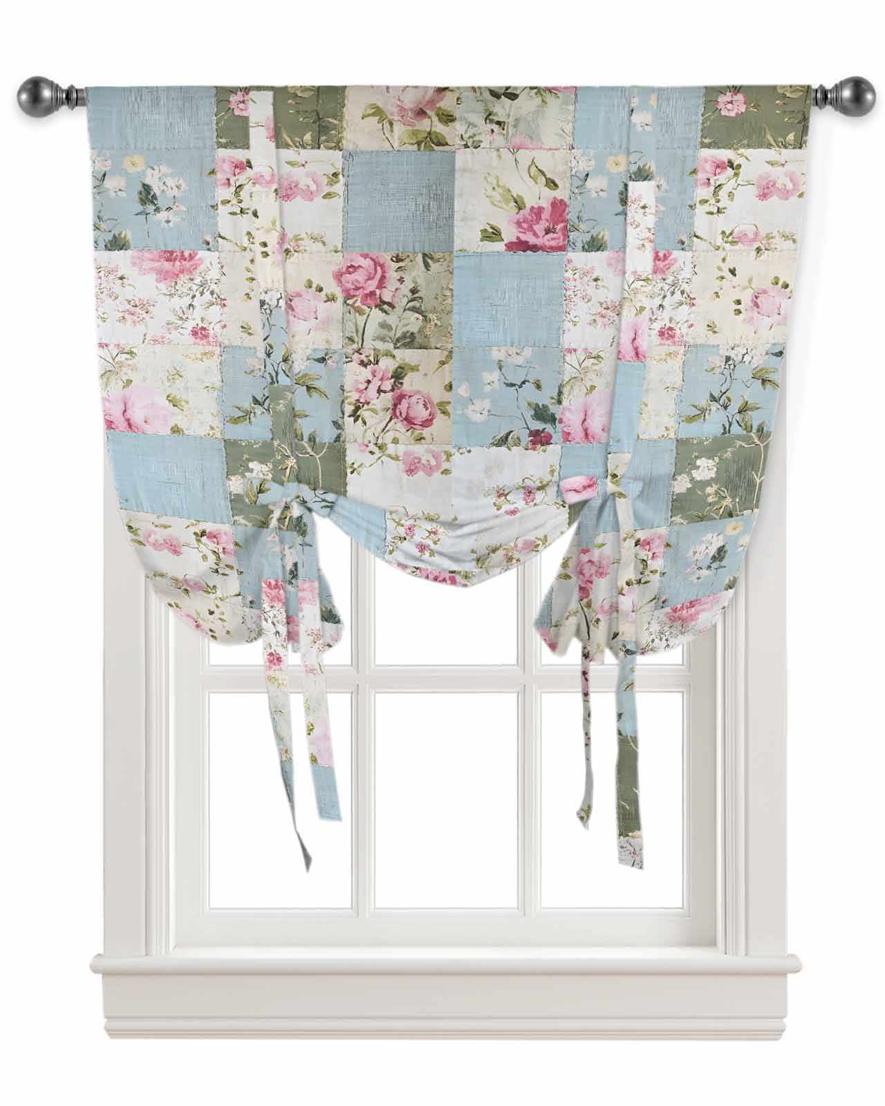 Vintage Botanical Tie Up Curtains for Window, Blue Green Pink Floral ...