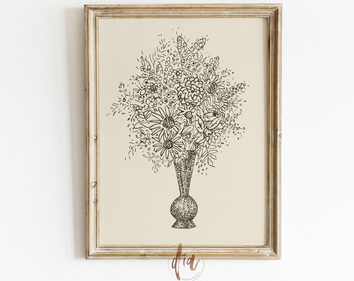 Vintage Bouquet Sketch, Antique Line Art, French Country Farmhouse ...