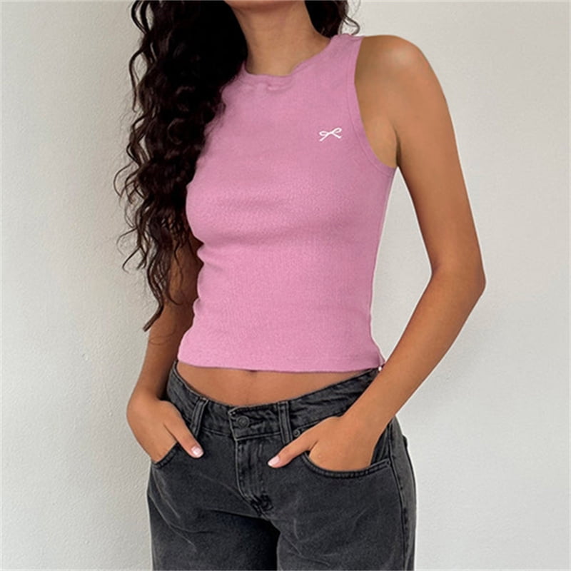 Vintage Bow Embroidery Tank Top Preppy Sleeveless Slim Fit Y2K ...