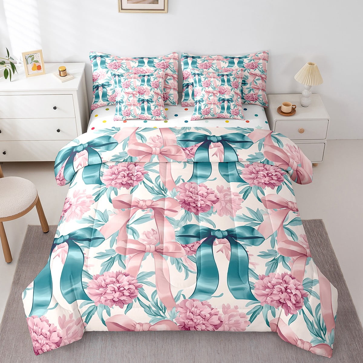 Vintage Bowknot Comforter Set Twin Size,Groovy Flower Floral Bed in a ...