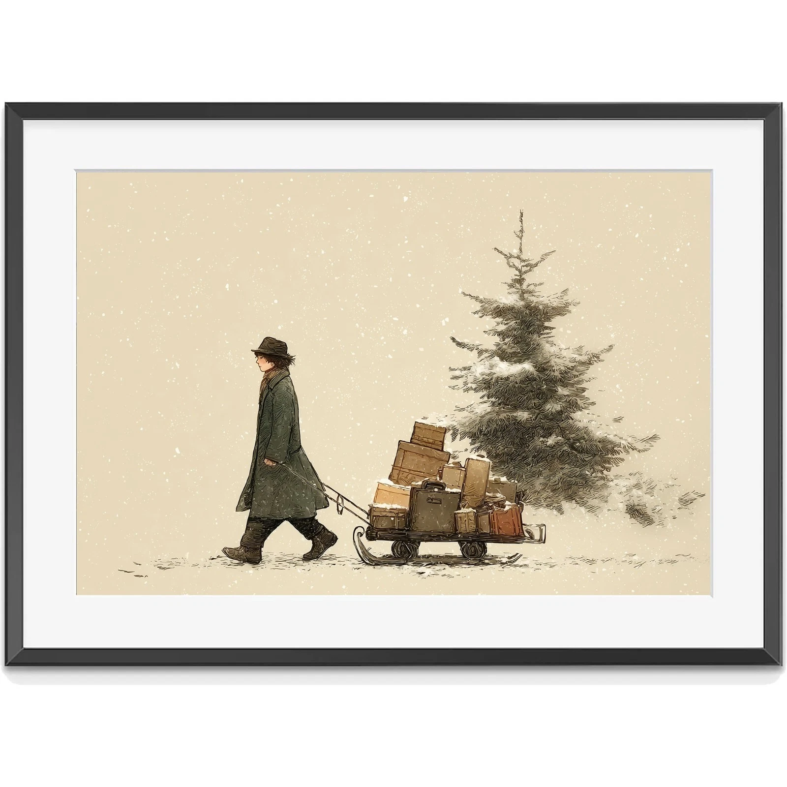 Vintage Boy Pulling A Sled With Gifts Poster, Dark Moody Christmas Wall ...