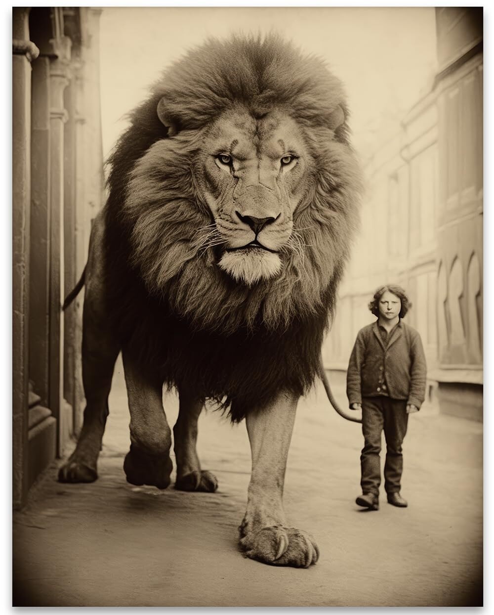 Vintage Boy Walks Massive Lion on a Leash in the Street Poster Weird ...