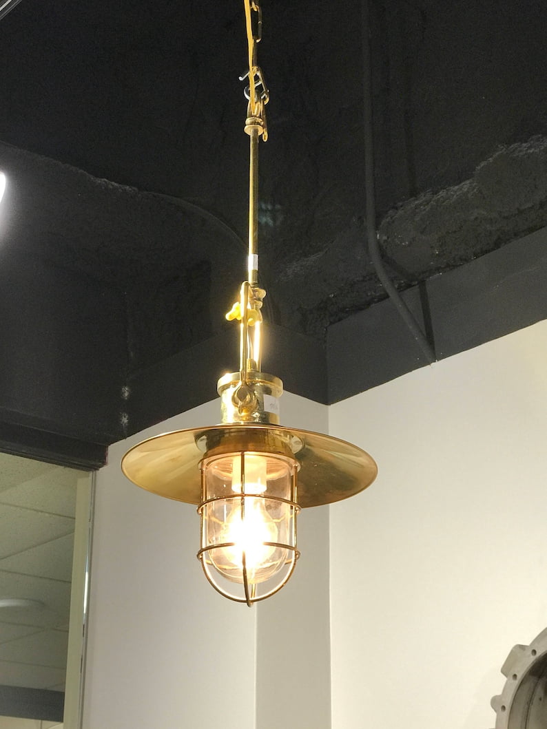 Vintage Brass Nautical Pendant Light with Cage & Shade – Marine-Style ...
