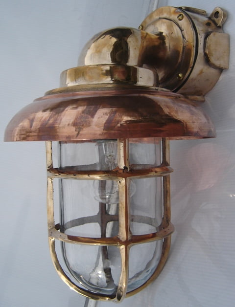 Vintage Brass Salvaged Bulkhead Light with Copper Shade & Junction Box ...