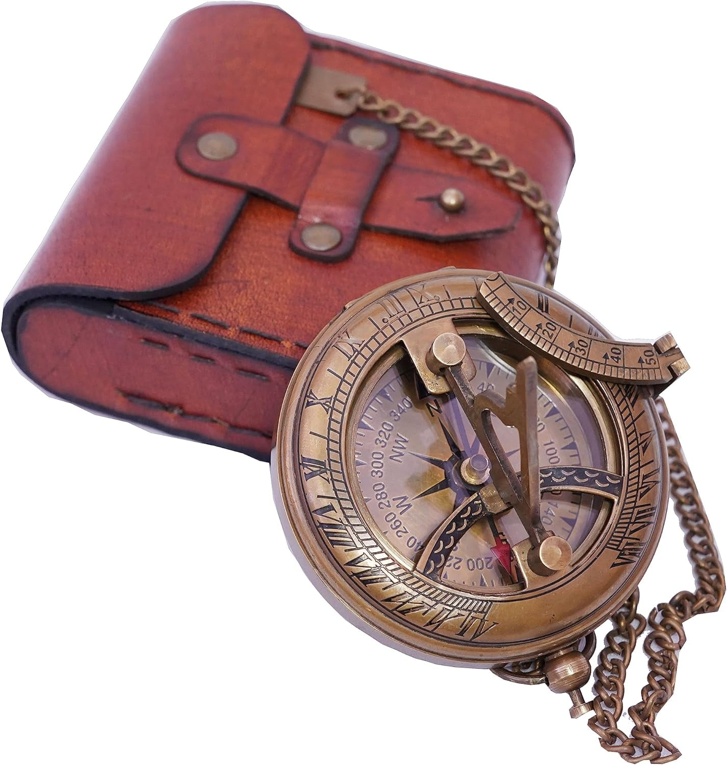 Vintage Brass Sundial Compass with Leather Case - Antique Brass ...
