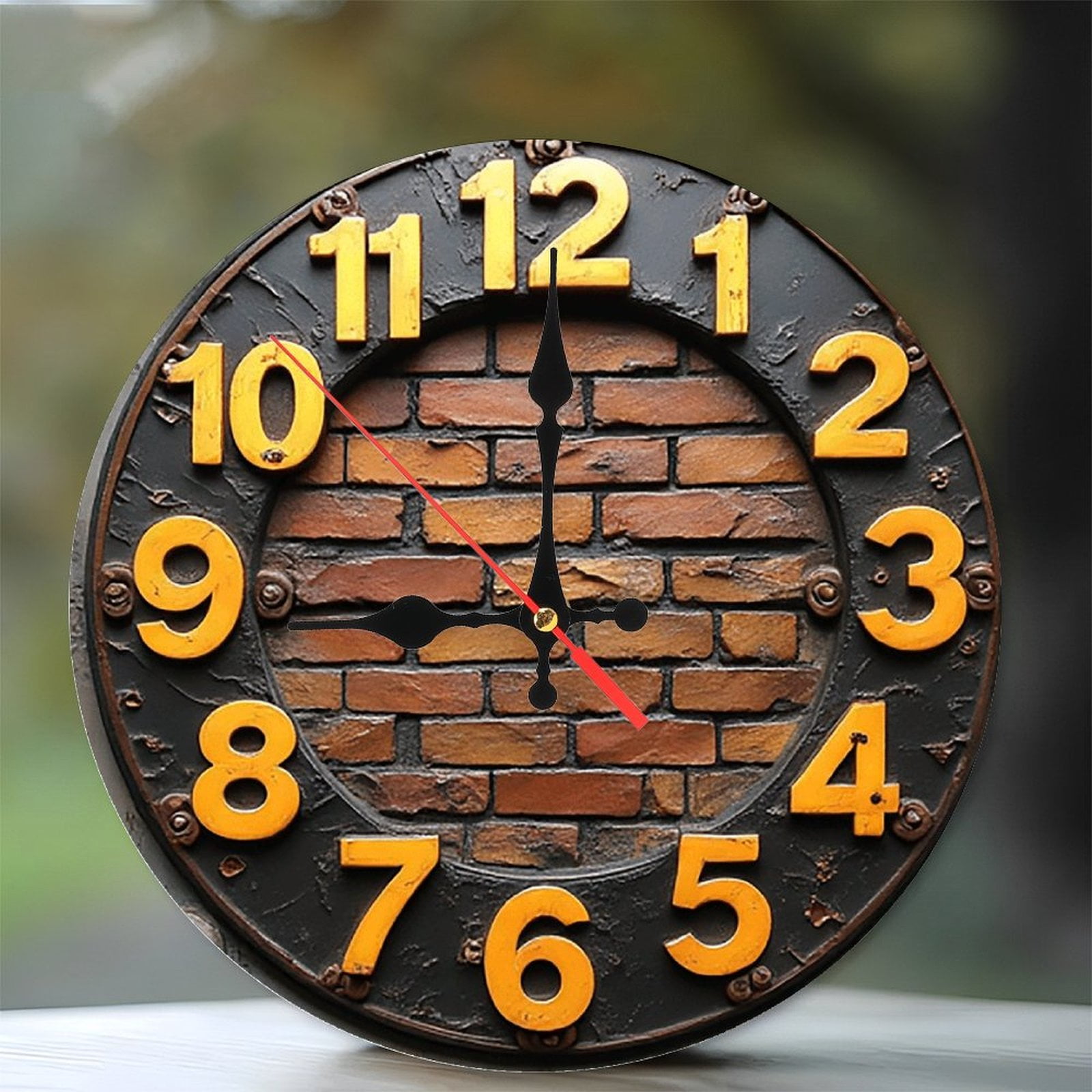 Vintage Brick Wall Clock Large Round Metal 10-Inch Silent Wooden Wall ...
