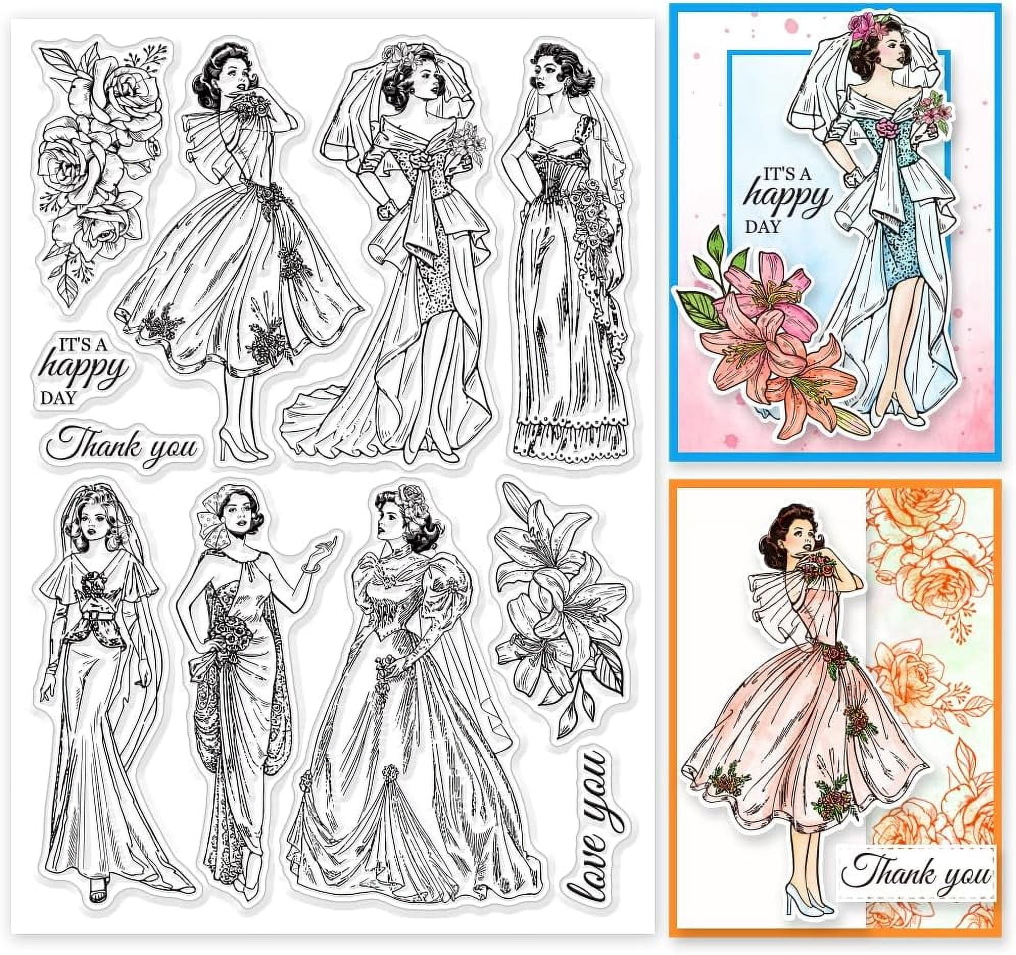 Vintage Bride Lady Clear Stamps for Cards Making Retro Dress Woman ...