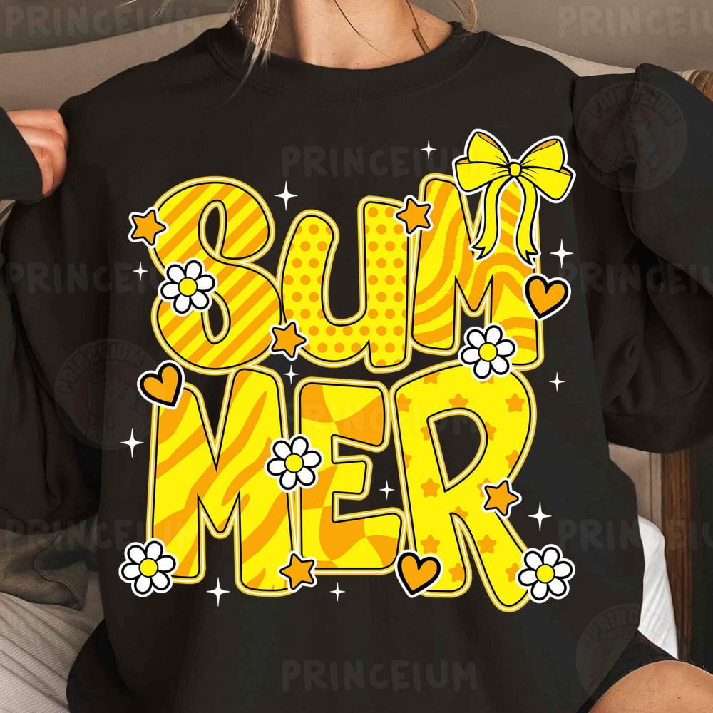 Vintage Bright Summer, Yellow Retro Lettering, Cute Star Flower Bow ...