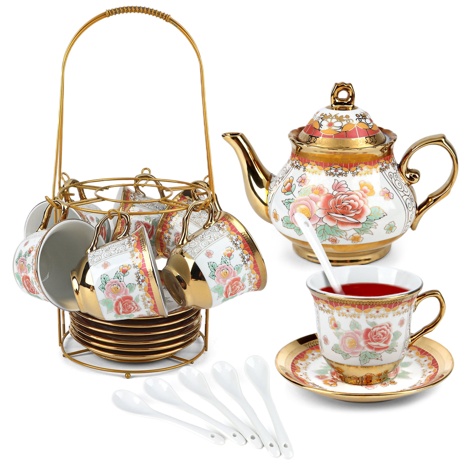 Vintage British Style Rose & Gold Line Ceramic Tea Set, Multi ...
