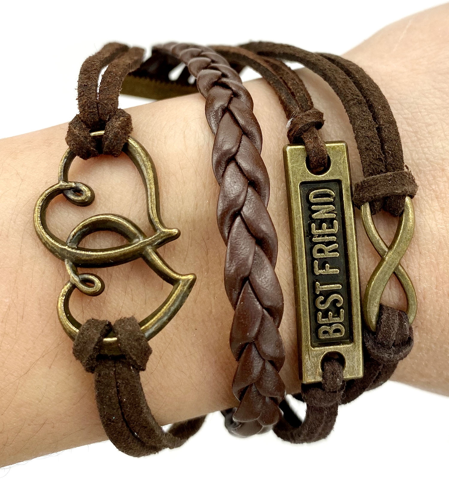 Vintage Bronze Best Friends Infinity Double Hearts Charms Brown Braided ...