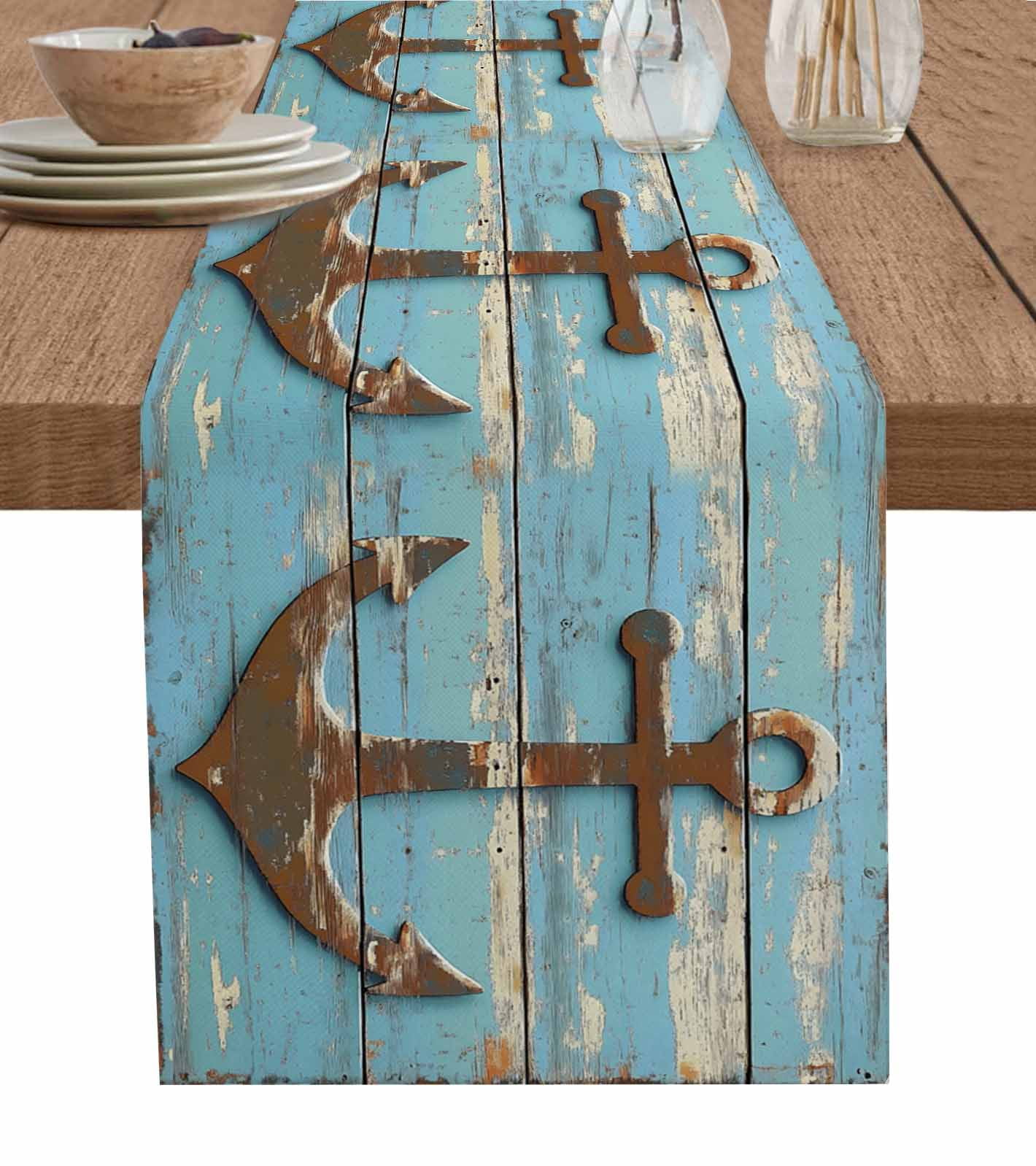 Vintage Brown Anchor Table Runner 72 Inches, Nautical Farmhouse Blue ...