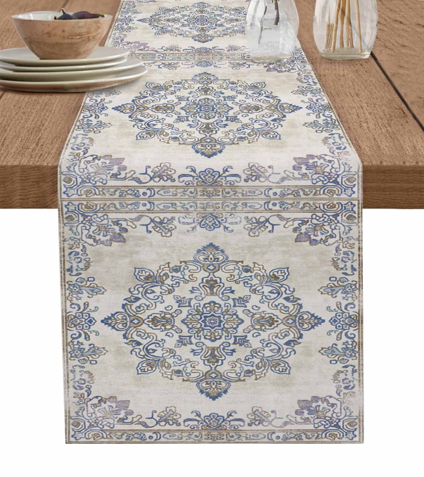 Vintage Brown Blue Table Runner - 90 Inch Long, Kitchen Dining Table ...