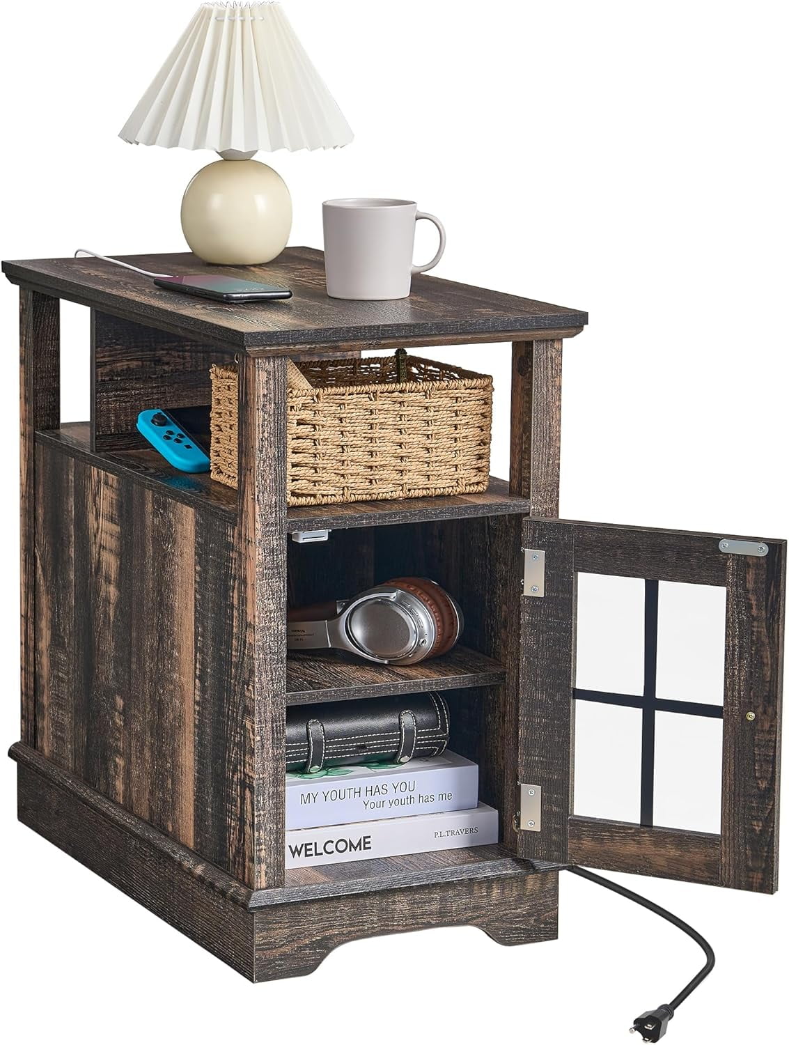 Vintage Brown End Table with Rear Charging Station, 2 AC Outlets & 2 USB Ports, Spacious Storage ...
