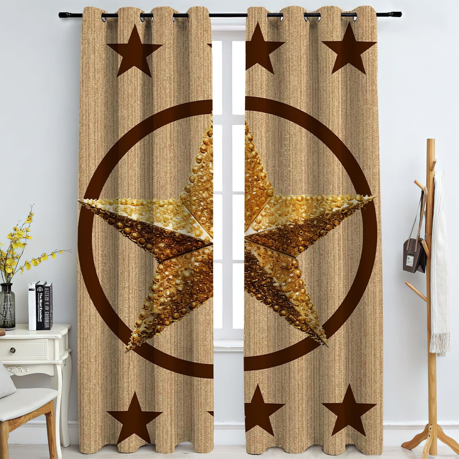 Vintage Brown And Golden Star Curtain For Privacy, Western Rustic ...