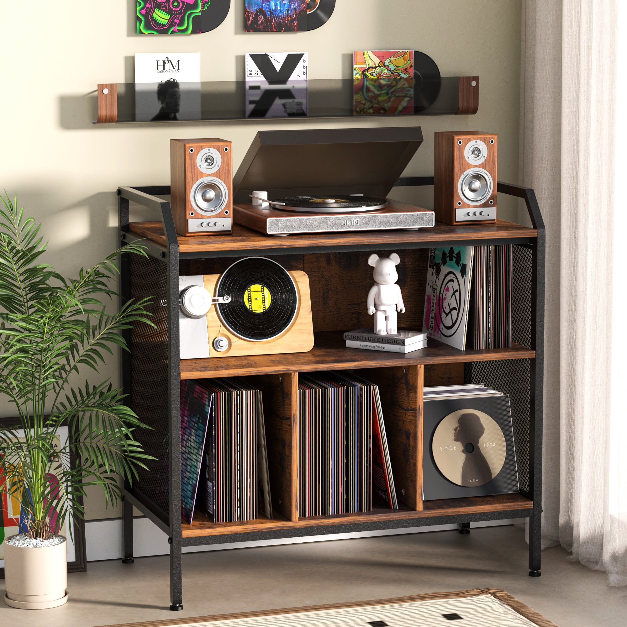 Vintage Brown Record Storage Cabinet with Adjustable Feet - 3-Tier ...