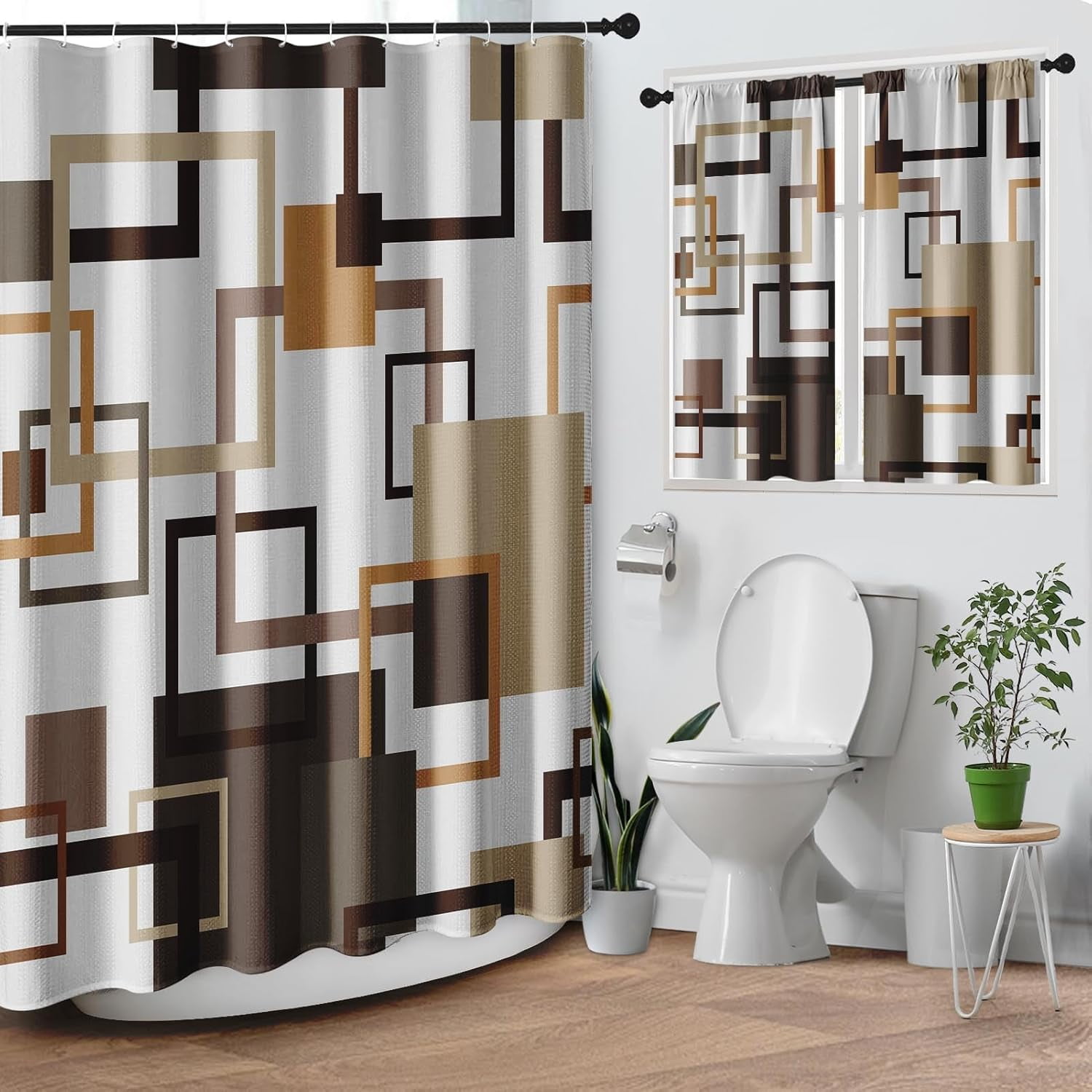 Vintage Brown Shower Curtain Set with Window Curtain, Royal Abstract Line Modern Bathroom Window ...