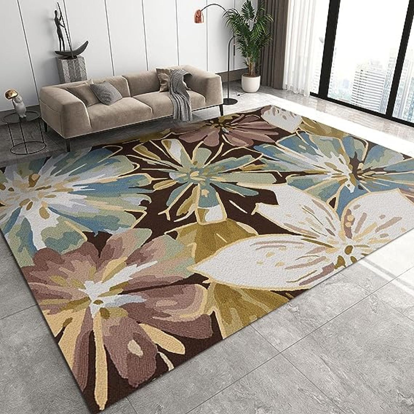 Vintage Brown Teal Flower Area Rug, Boho Ethnic Style Light Luxury ...