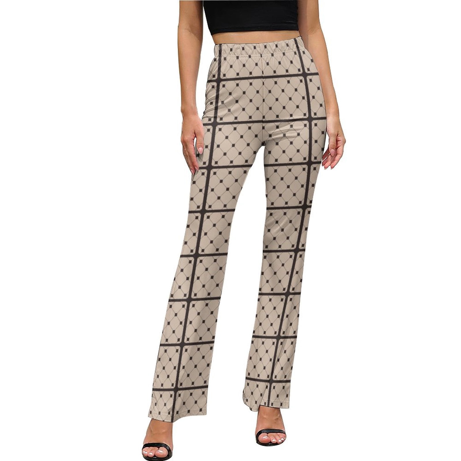 Vintage Brown Tiles Pattern High Waisted Casual Flared Trousers Summer ...