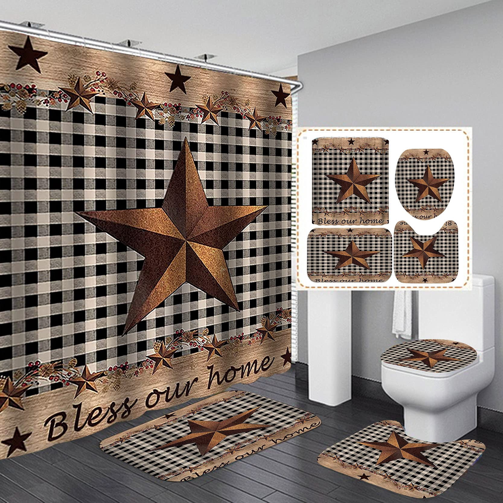 Vintage Brown Western Texas Star Shower Curtain Set Primitive Berry ...