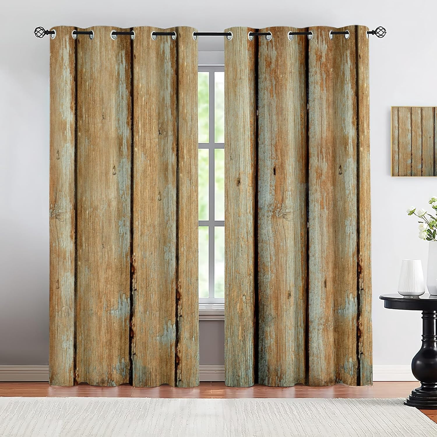 Vintage Brown Wood Planks Polyester Eyelet Drapes, Antique Wood Texture ...