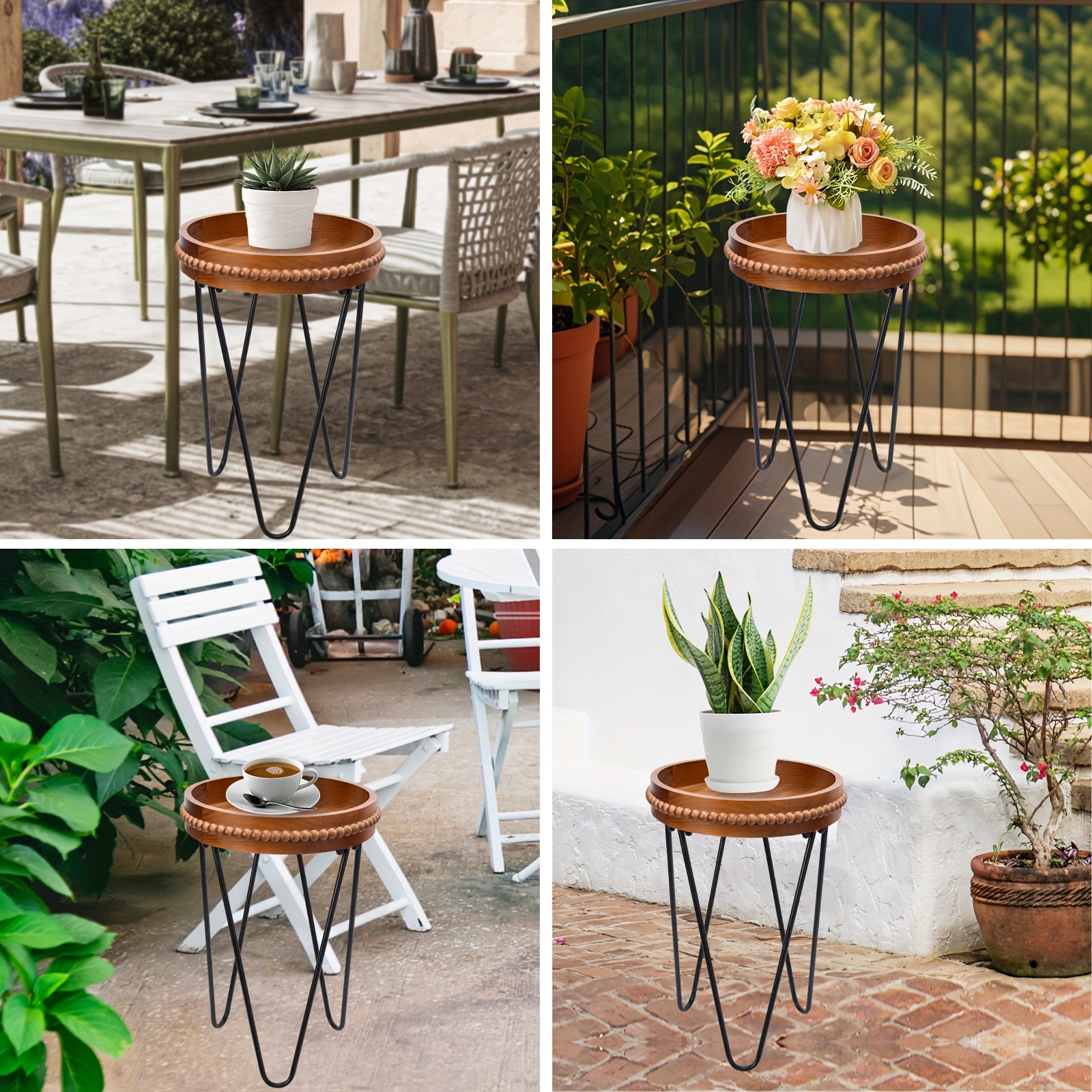 Vintage Brown Wooden Side Table & Stand - Outdoor Patio Accent Table ...