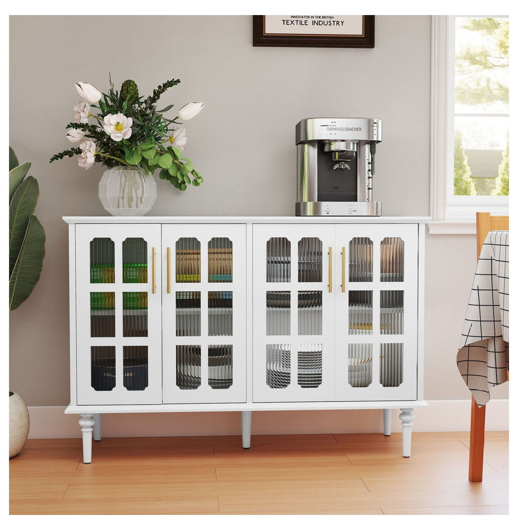 Vintage Buffet Cabinet with 4 Lattice Glass Door, Wooden Accent Cabinet ...