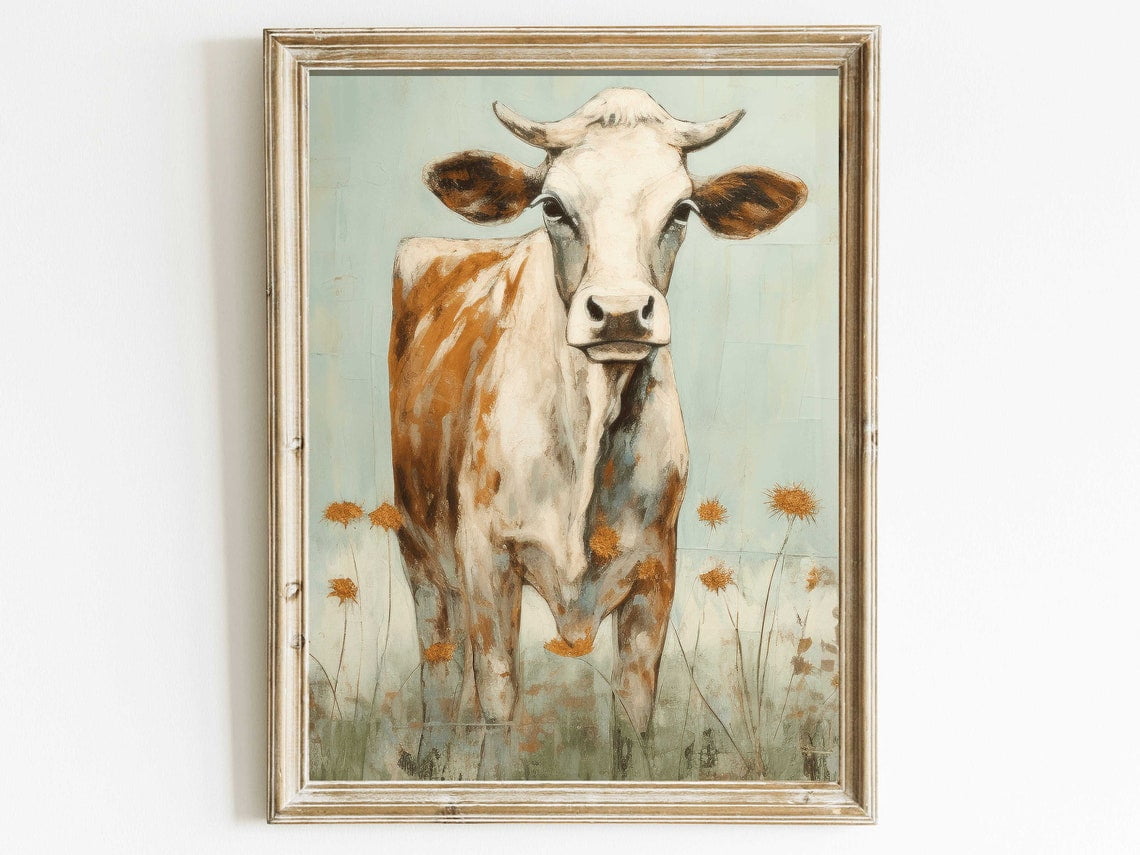 Vintage Bull Portrait, Whimsical Cow Wall Art, Rustic Farmhouse Decor, Country Home Decor, Farm ...