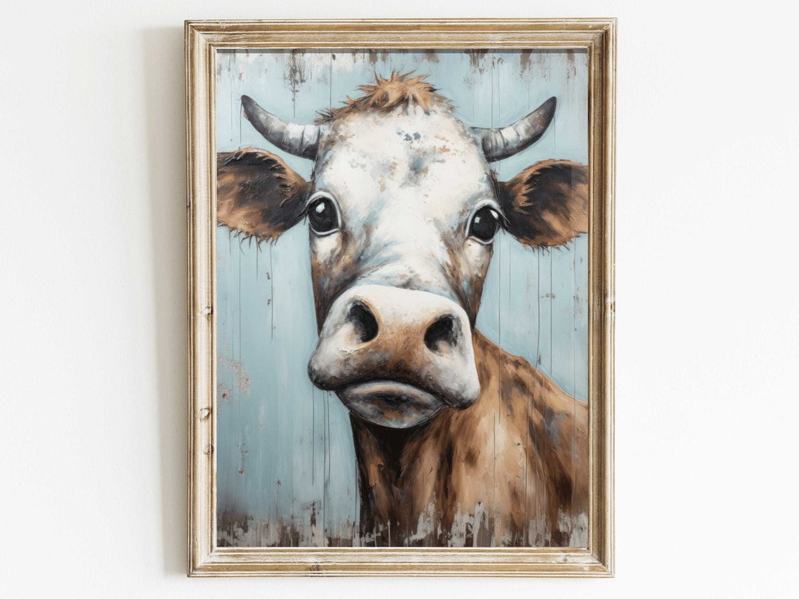 Vintage Bull Portrait, Whimsical Cow Wall Art, Rustic Farmhouse Decor ...