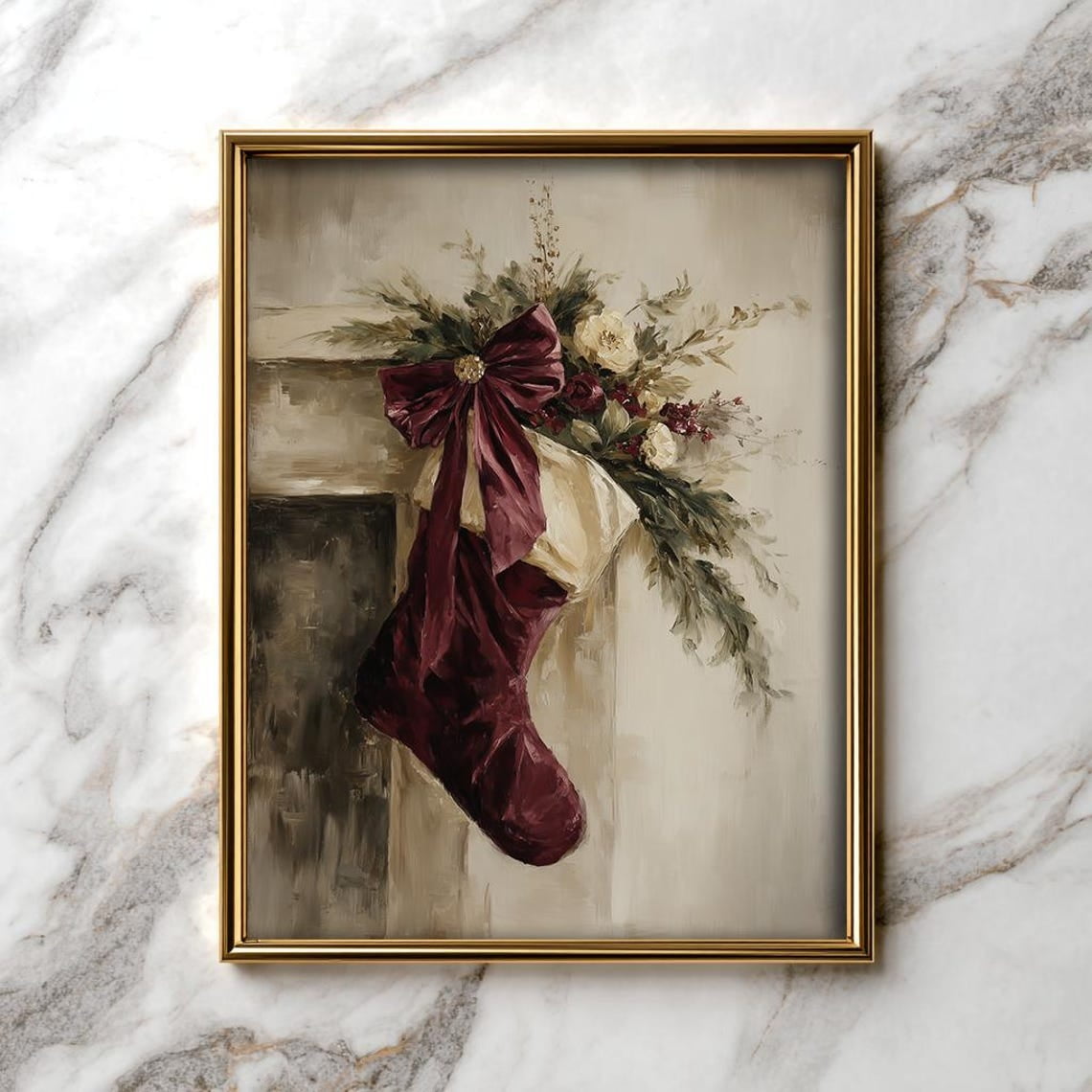 Vintage Burgundy Stocking Poster - Cozy Festive Wall Art, Rusticdecor ...