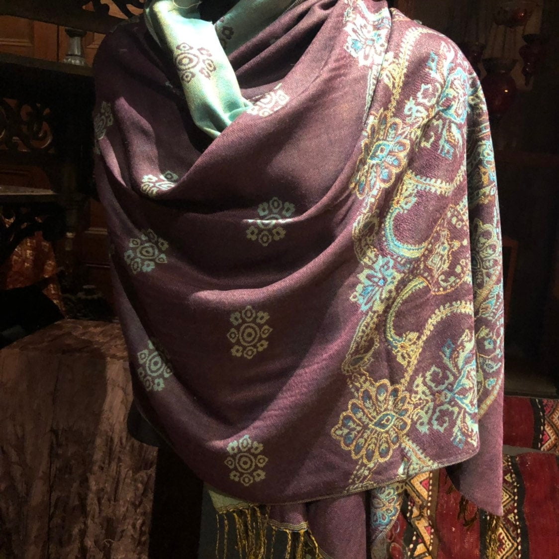 Vintage Burgundy red Turquoise Paisley Brocade Pashmina Scarf Wrap ...