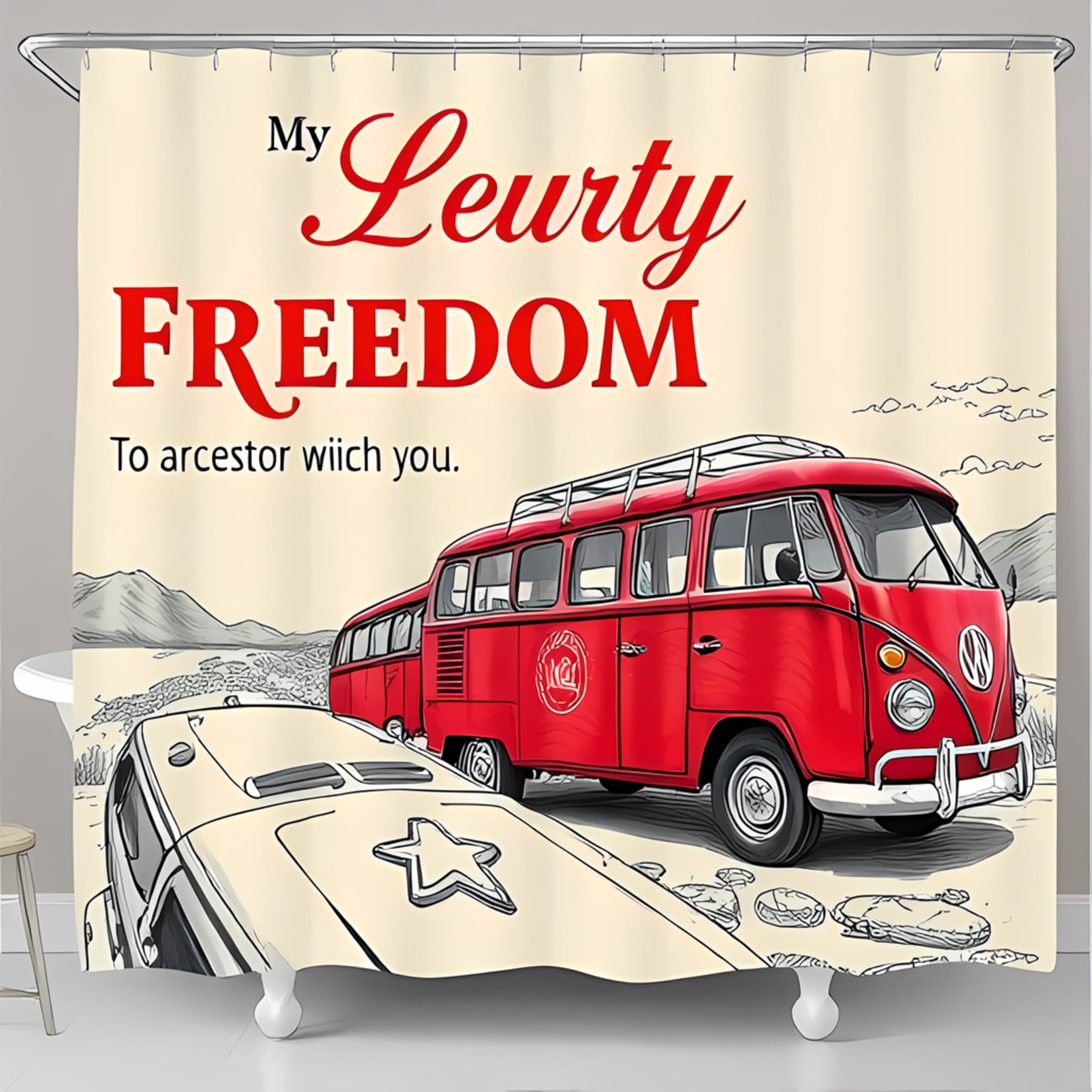 Vintage Bus Shower Curtain - Whimsical Road Trip Design with Cream ...