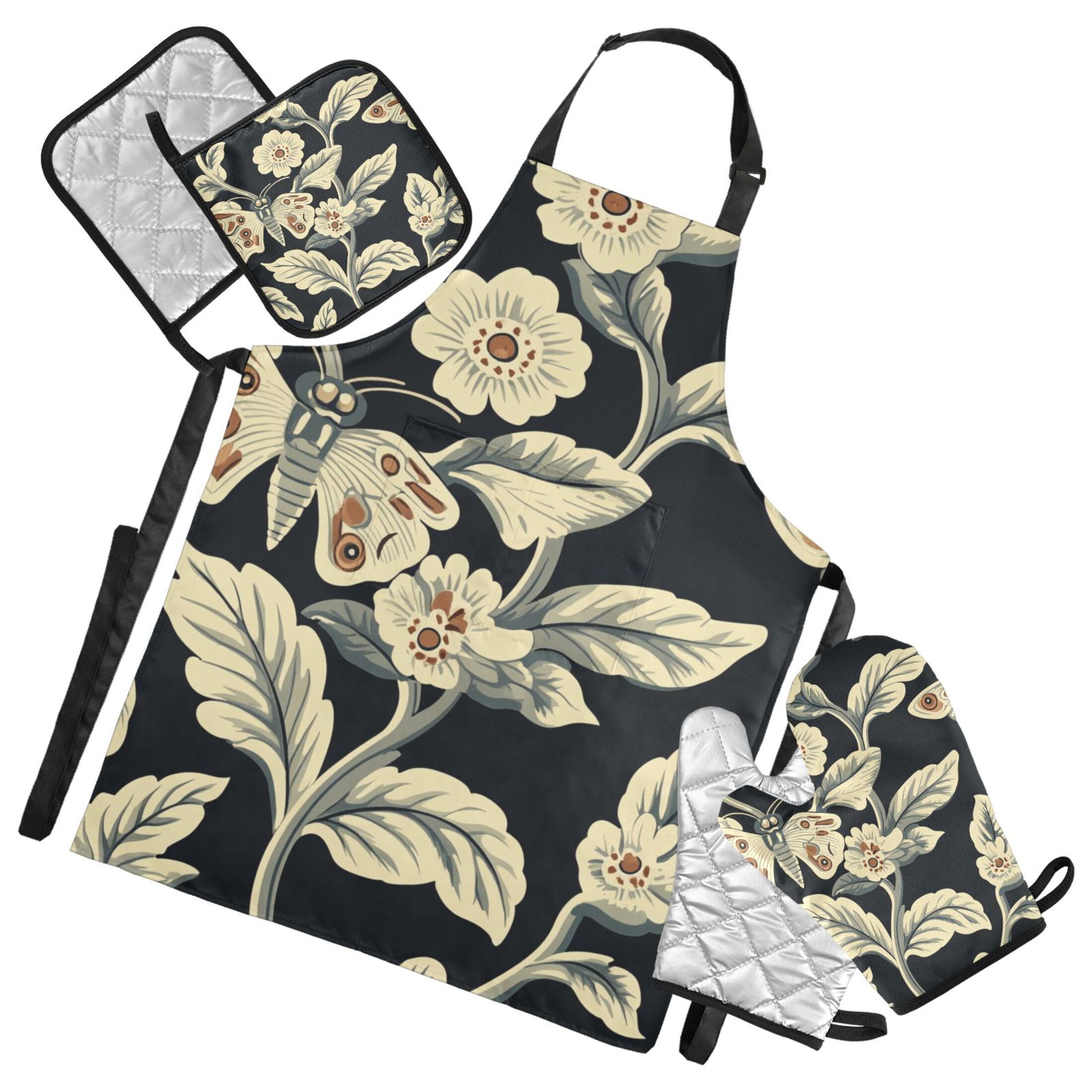 Vintage Butterfly Floral Oven Mitts and Pot Holders with Chef Apron Set ...