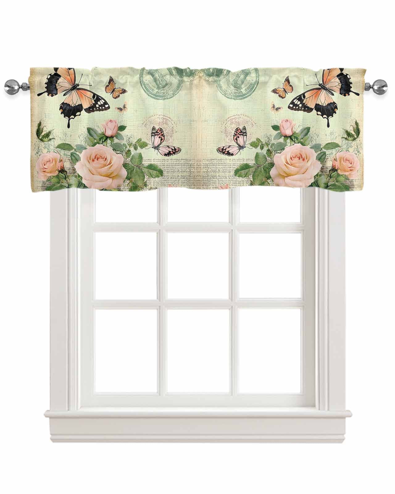 Vintage Butterfly Roses Kitchen Valances for Windows Farmhouse Linen ...