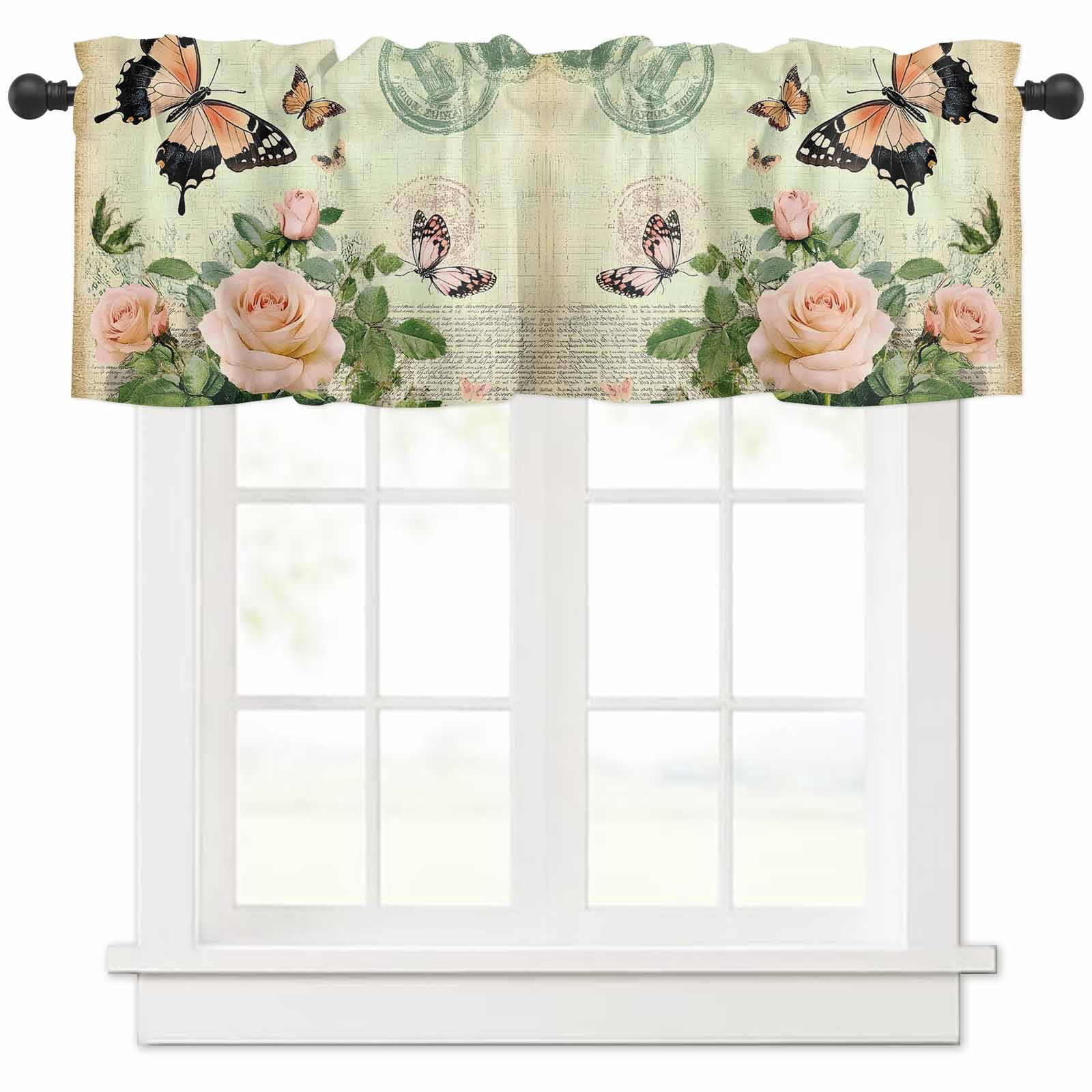 Vintage Butterfly Roses Valances for Windows Farmhouse Kitchen Curtains ...