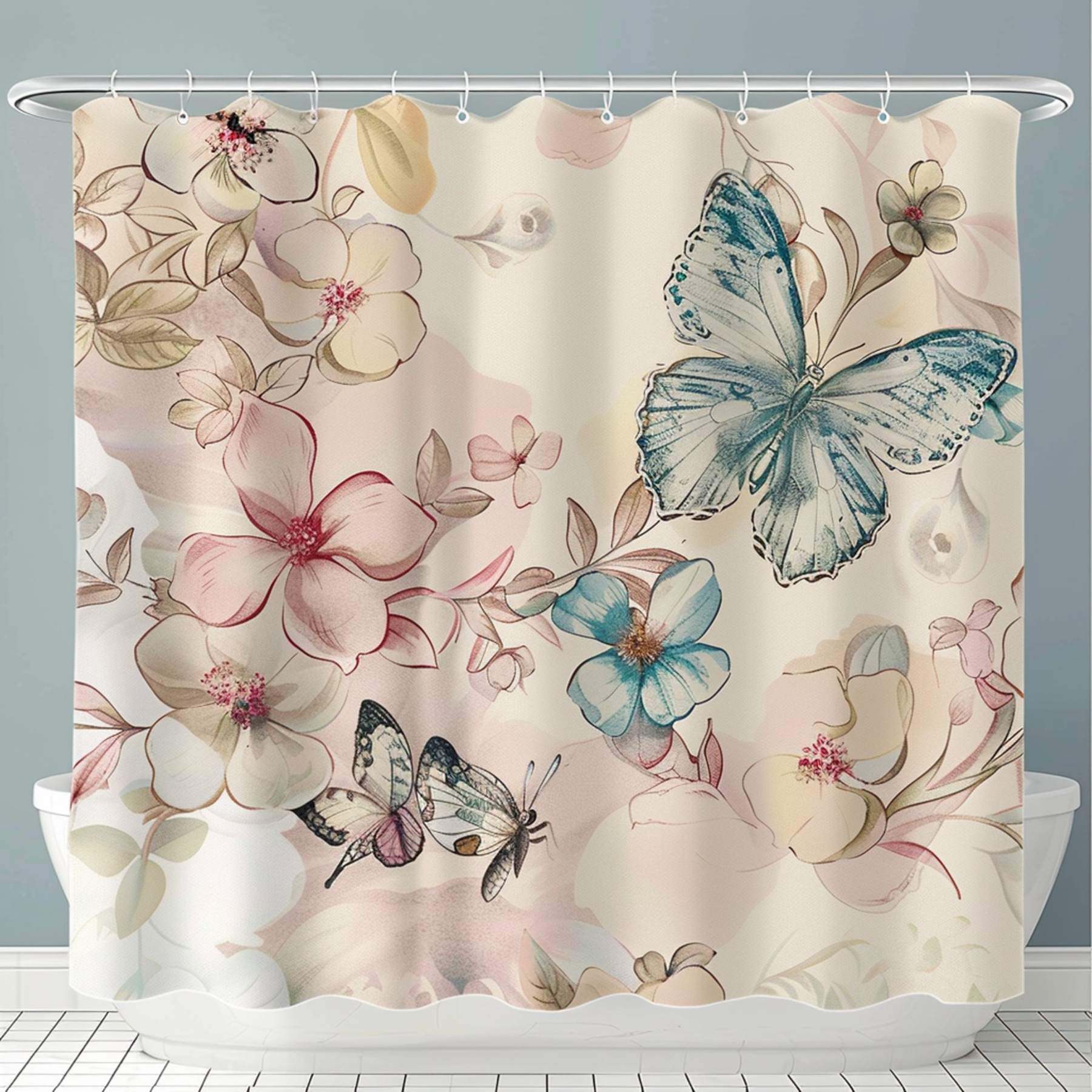 Vintage Butterfly and Flower Patterned Shower Curtain in Pastel Colors ...