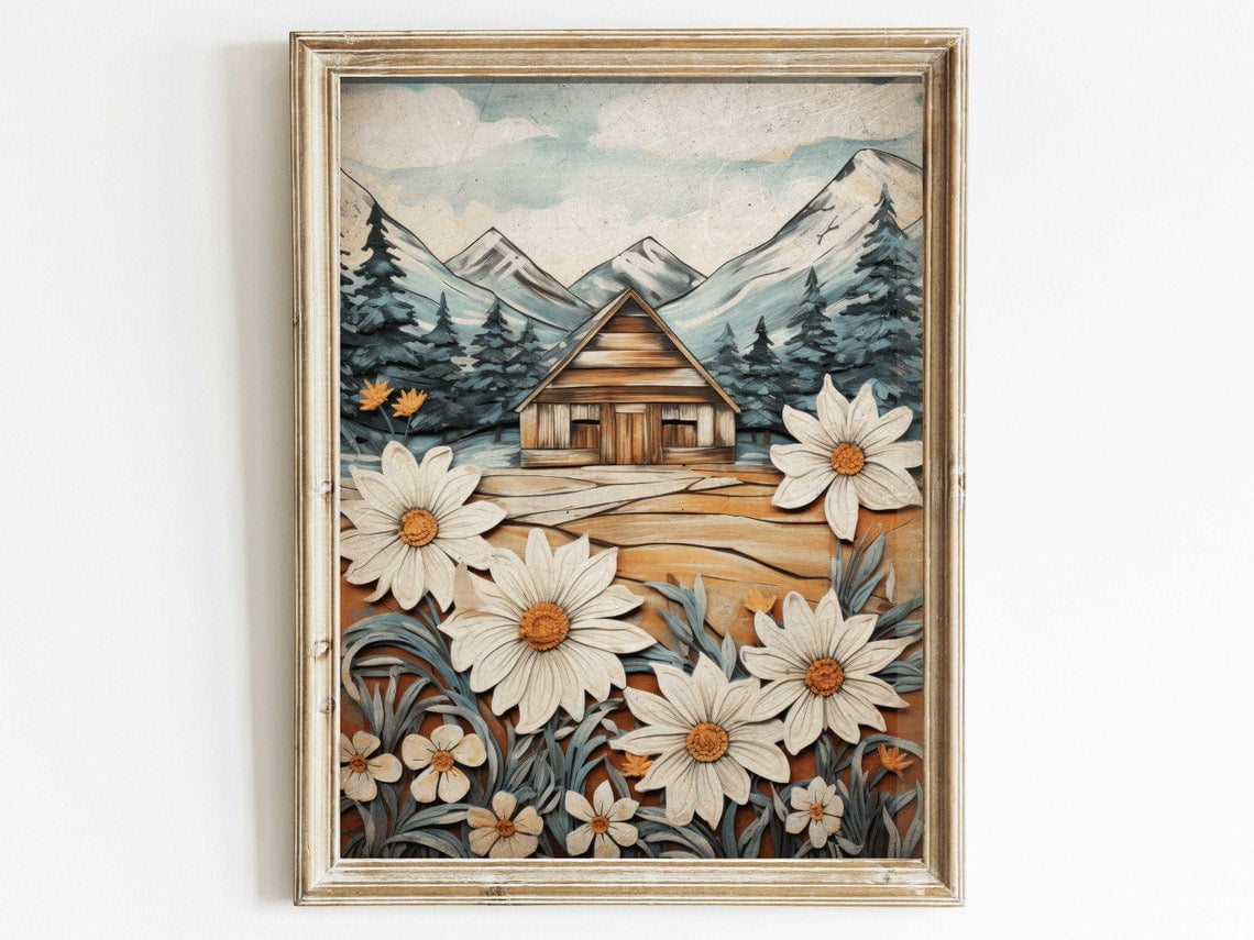 Vintage Cabin Art, Cozy Cottage Print, Mountain Cabin Print, Forest And ...
