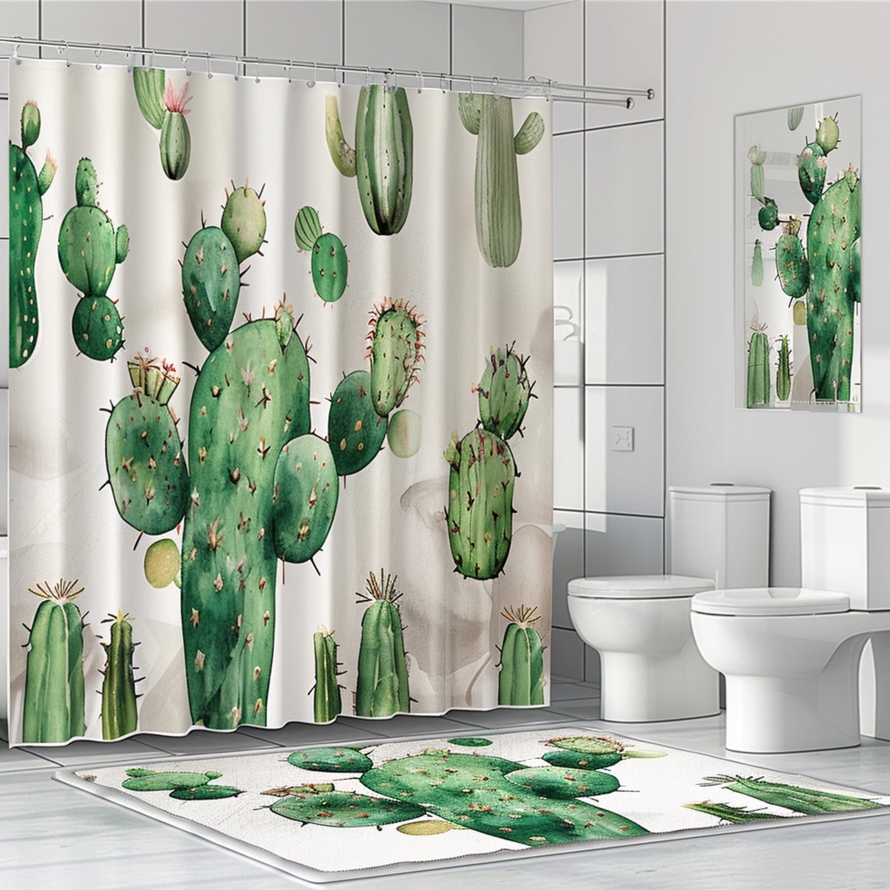 Vintage Cactus Bathroom Set With Watercolor Design Shower Curtain Home