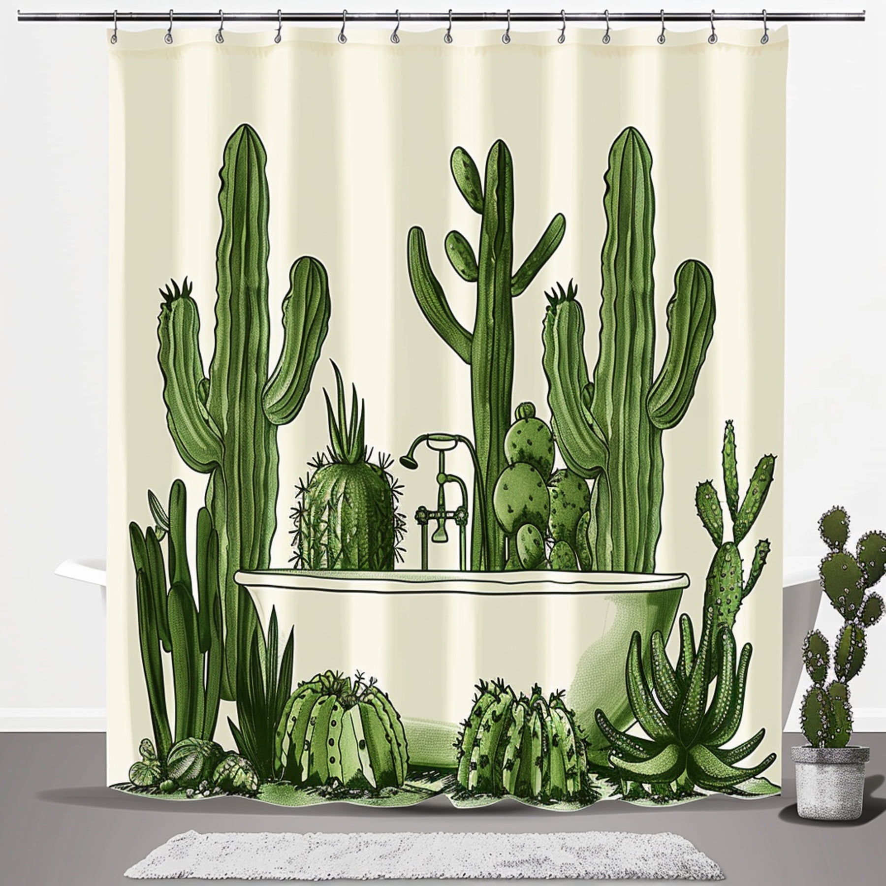 Vintage Cactus Garden Shower Curtain Green Ink Illustration On Cream