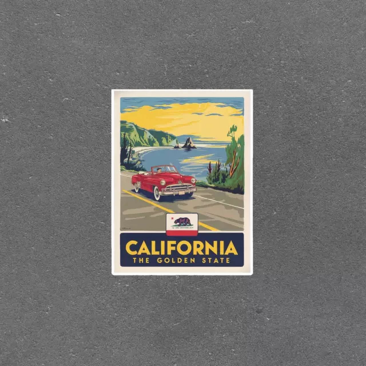 Vintage California Travel Sticker - Red Convertible Car Driving Along ...