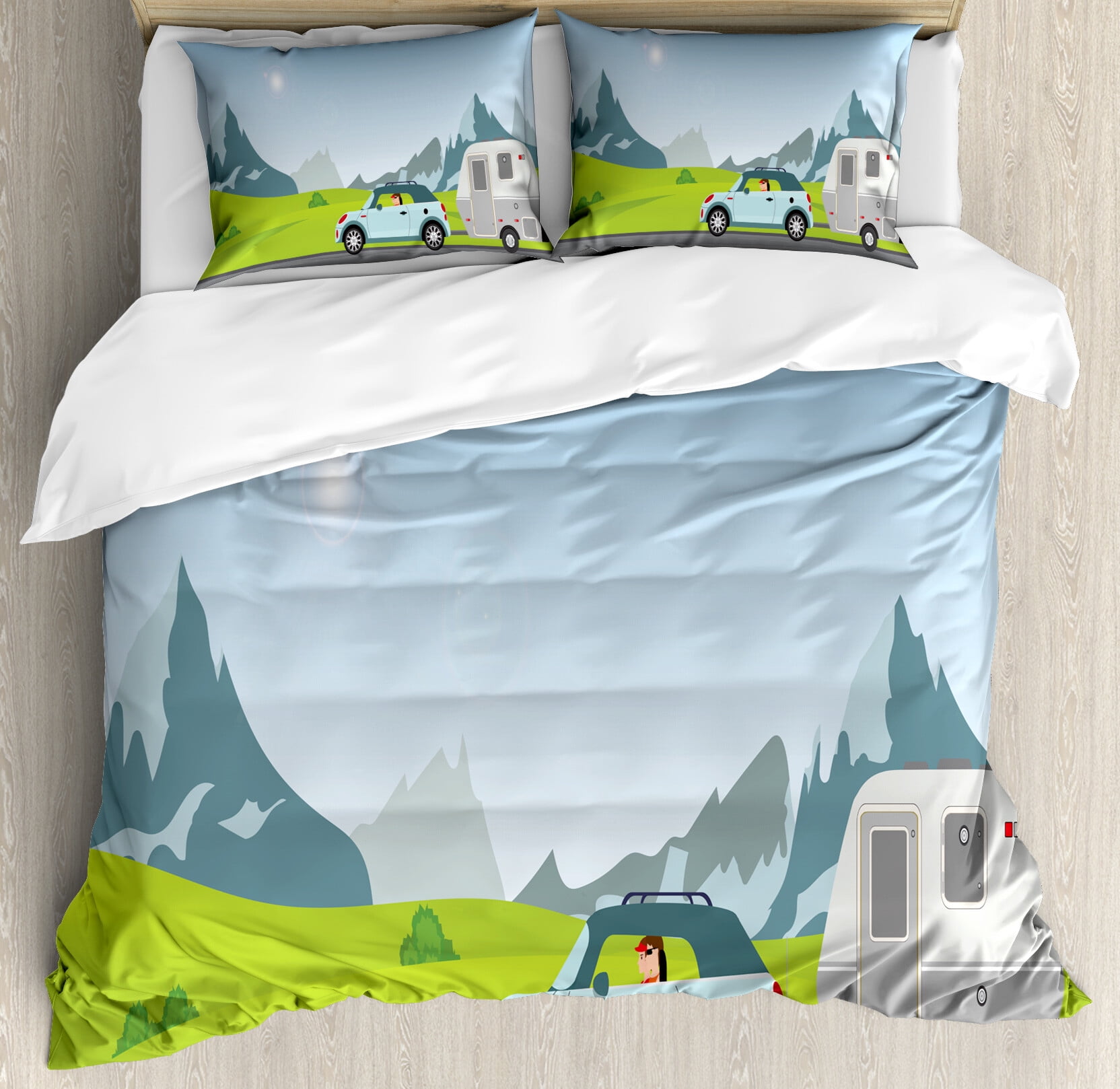 Vintage Camper Duvet Cover Set, Sunny Spring Road Trip Holiday Couple ...