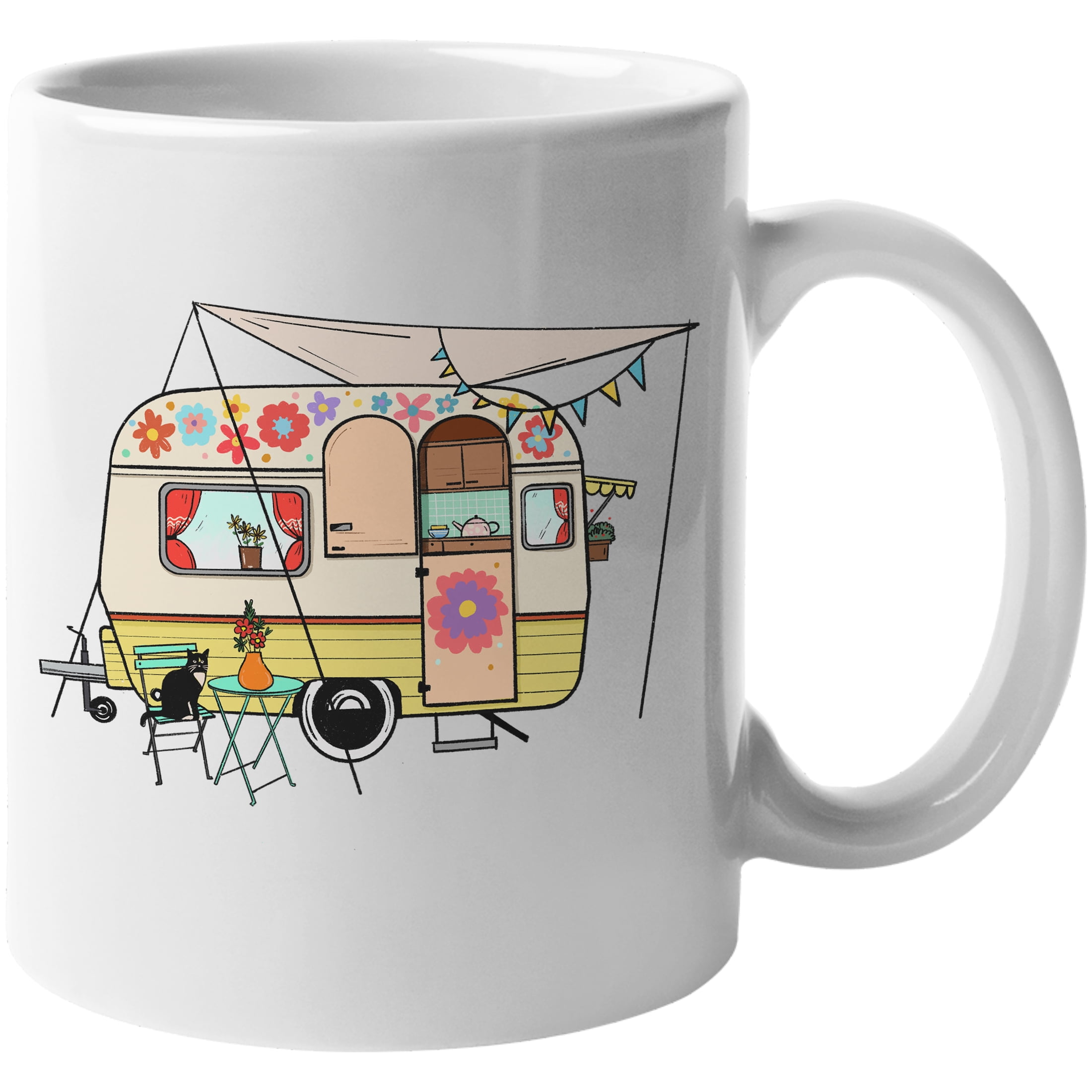 Vintage Camping Trailer with Floral Design & a Cat Art Traveling Themed ...