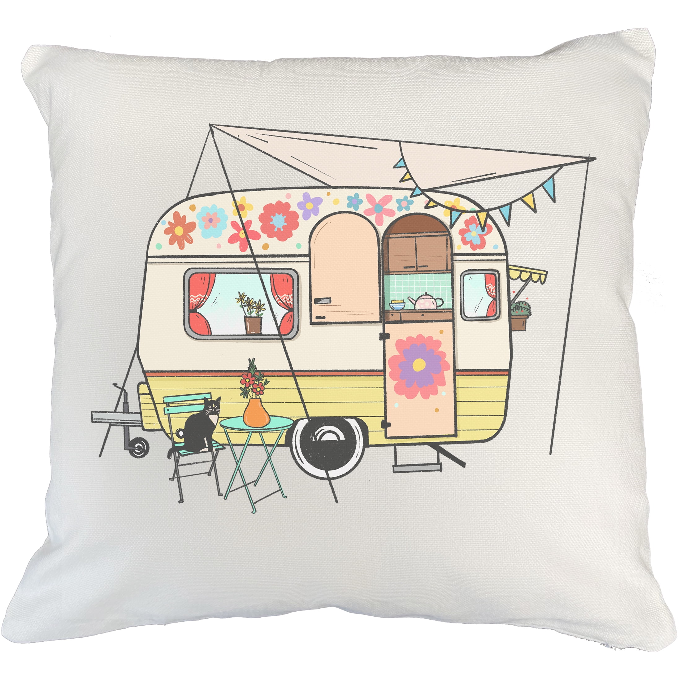 Vintage Camping Trailer with Floral Design & a Cat Art Traveling Themed ...