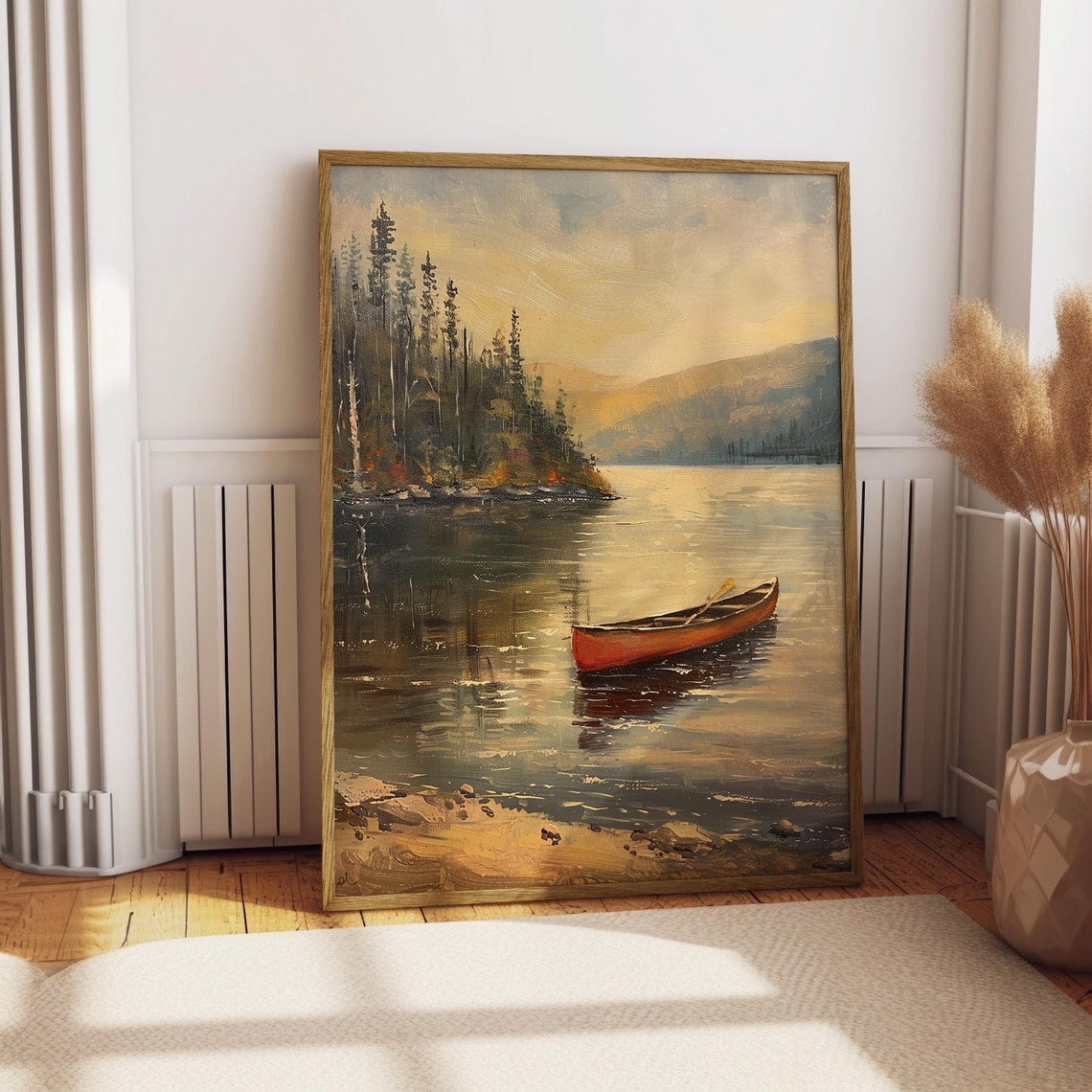 Vintage Canoe In The Lake Oil Painting Print Rustic Antique Retro ...