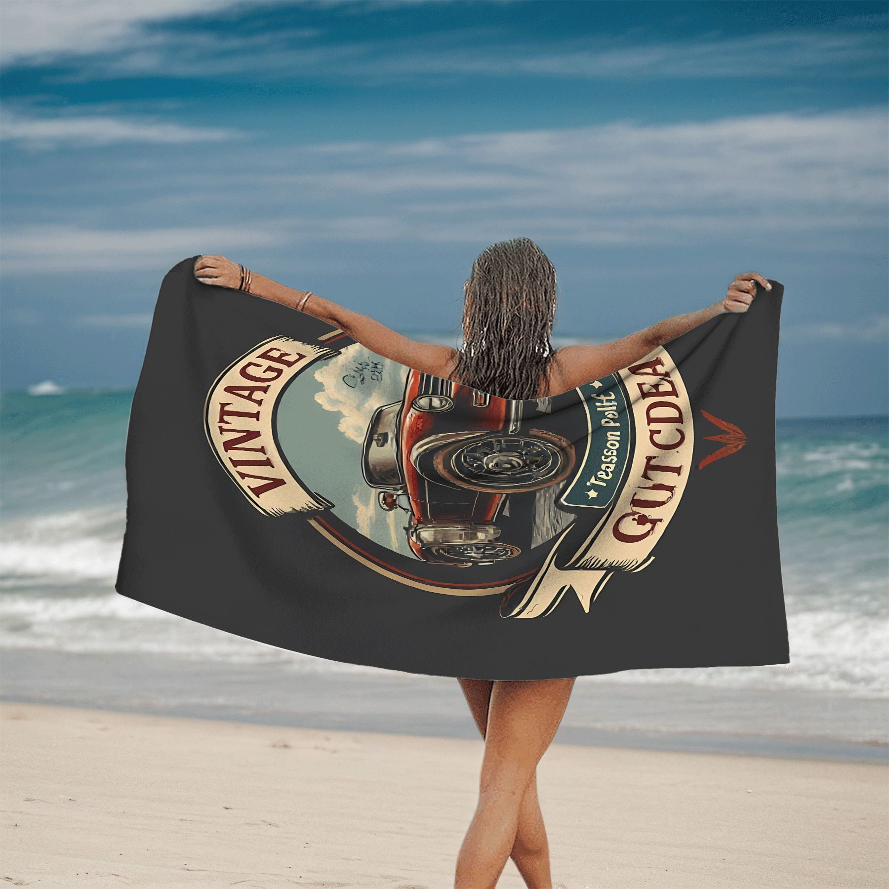 Vintage Car Design Beach Towel - Retro Aesthetic Pool Towel with ...